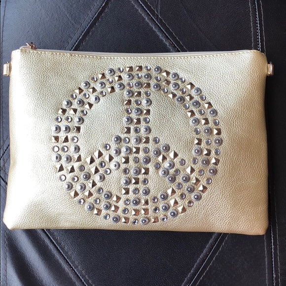 Bags | Large Gold Clutch With Peace Symbol | Poshmark